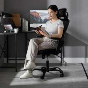 Ergonomic Home Mesh Office Chair-Computer Desk Swivel Reclining Chair with Wheels, Lumbar Support, Comfy Work Gaming Chair for Adults-Adjustable Headrest, Storage Basket for Home Office, Gaming, Black