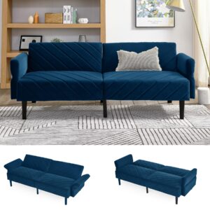 onemmlion 78" futon sofa bed, small sofa, loveseat, convertible futon couch adjustable armrests and backrests, velvet modern tufted sleeper bed for living room, bedroom, blue