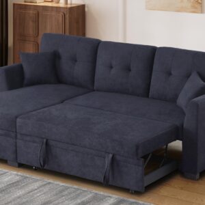 YOPTO 81.5" Sectional Sleeper Sofa Bed,Convertible L Shaped Pull Out Couch with Storage Chaise & Pillow,Woven Upholstered Loveseat W/Removable Back Cushion for Living Room,Apartment,Office,Dark Blue