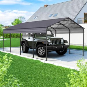 metal carport 12 x 20 ft heavy duty outdoor steel large rv car ports canopy with galvanized metal roof and enhanced base, outdoor garage car shelter for cars, boats, trucks, tractors, gray