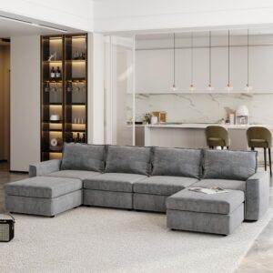 ball & cast 115" chenille u-shaped sectional sofa set,minimalist style chenille modular cloud couch with convertible ottoman chaise for living room,free combination,gray