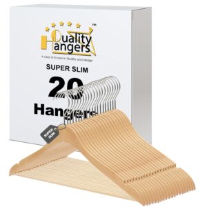 quality hangers 16.5" wooden hangers multi pack, ultra thin space saving natural, 360 degree swivel hook, best for shirts, blouses, pant, suit, coat, dress hangers natural (20, natural, with pant bar)