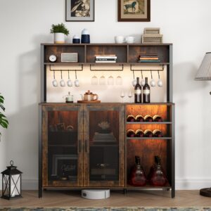 Loomie Wine Bar Cabinet with LED Lights, Industrial Coffee Bar Cabinet with 3 Storage Compartments & Wine Rack &Glass Holder,Sideboard Buffet Cabinet for Liquor and Glasses,Liquor Cabinet,Rustic Brown