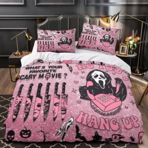 QIANAIWO Halloween Bedding Set 3PCS Pink Cartoon Skeleton Comforter Cover 'No You Hang Up' Funny Horror Ghost Design, Halloween Decor Horror Theme Bedding Set (A,Full)