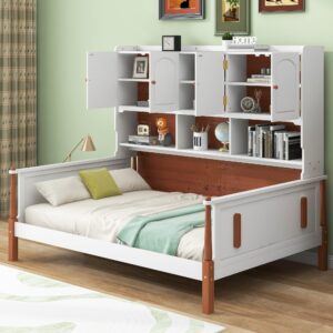 harper & bright designs twin daybed with bookcase headboard, twin size platform bed with storage cabinet,wood twin bed frame for kids teens adults (white+walnut)