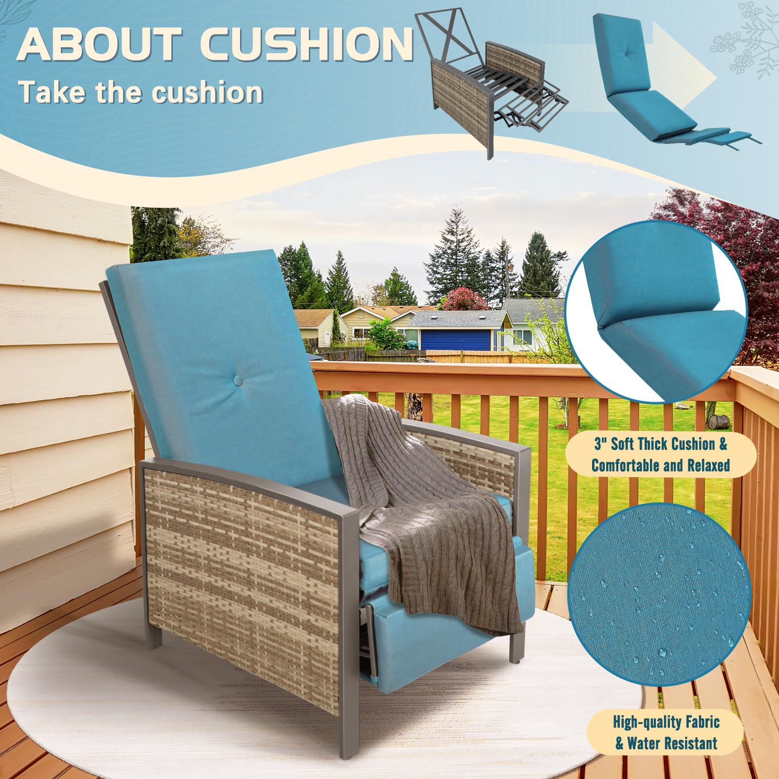 Brightpeak 2 Pack Patio Wicker Chaise Lounge Chair, Outdoor Rattan Reclining Pool Chair with Thick Padded Cushion & Adjustable Backrest for Outside, Lawn, Pool (Peacock Blue)