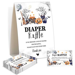 baby shower games - halloween diaper raffle, 1 sign and 50 diaper raffle tickets, gender reveal game, a baby is brewing halloween baby shower decoration supplies (rnb02)