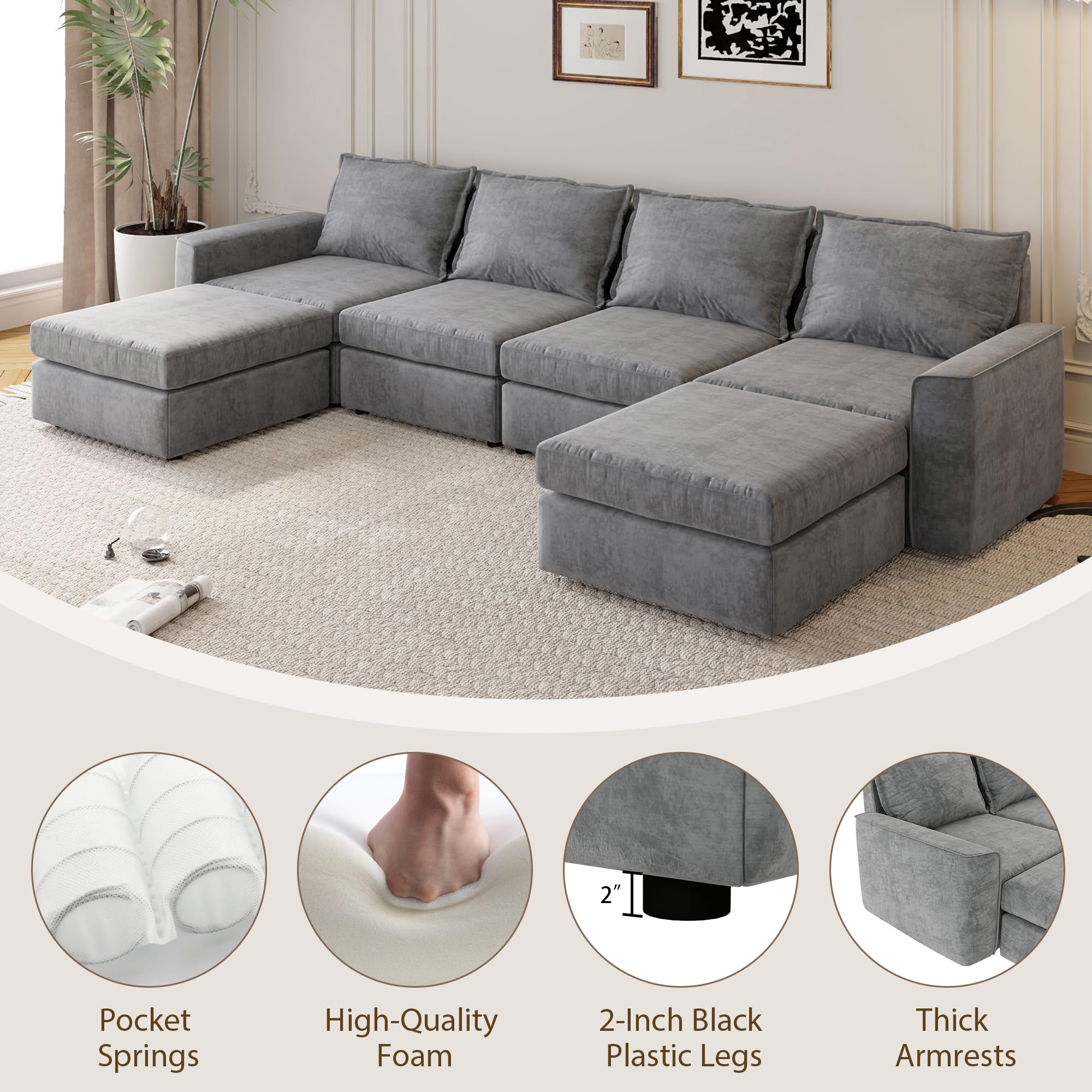 Ball & Cast 115" Chenille U-Shaped Sectional Sofa Set,Minimalist Style Chenille Modular Cloud Couch with Convertible Ottoman Chaise for Living Room,Free Combination,Gray