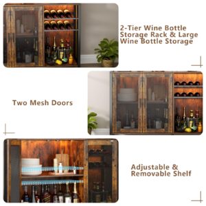 Loomie Wine Bar Cabinet with LED Lights, Industrial Coffee Bar Cabinet with 3 Storage Compartments & Wine Rack &Glass Holder,Sideboard Buffet Cabinet for Liquor and Glasses,Liquor Cabinet,Rustic Brown