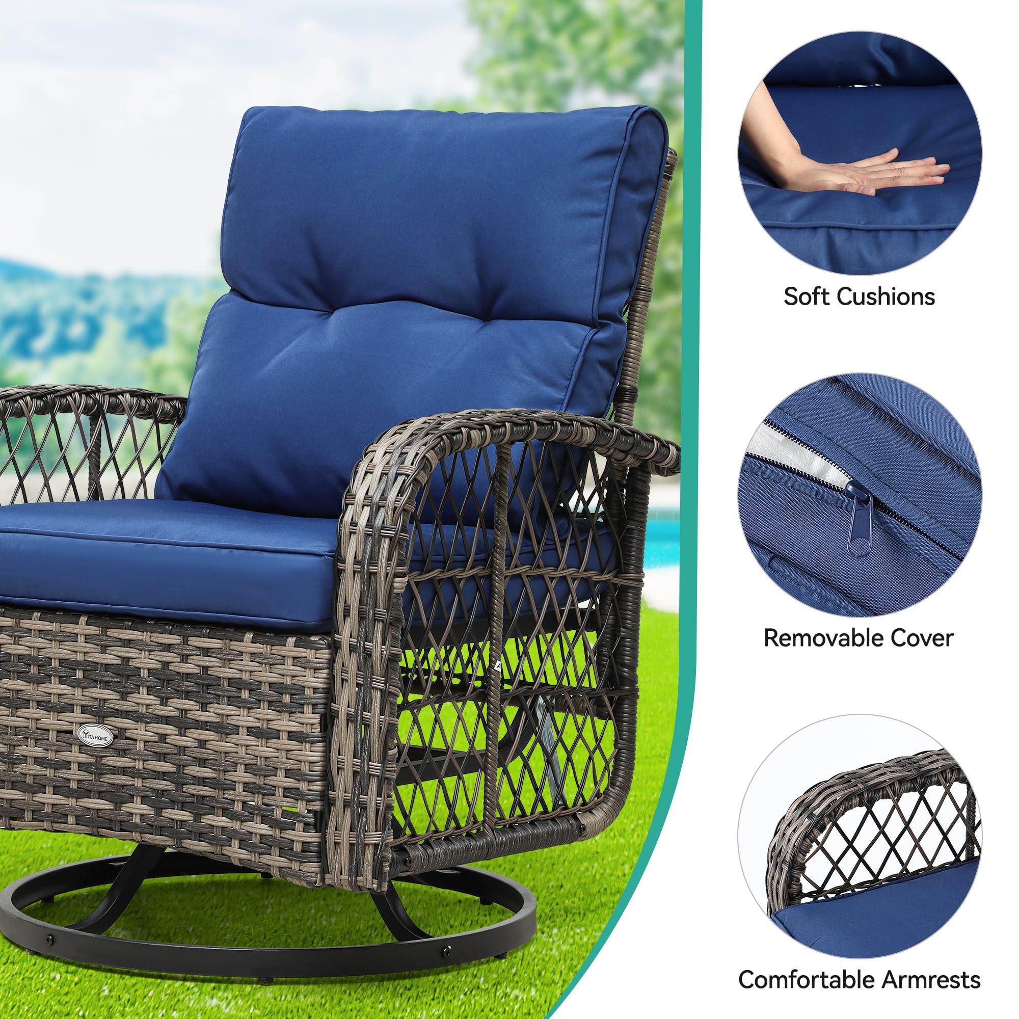 YITAHOME 3 Piece Patio Outdoor Swivel Glider Rocker Wicker Patio Bistro Rocking Set with Wood-Grain Table for Garden, Backyard and Balcony (Navy Blue)