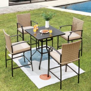 costway 4pcs patio rattan bar stool chairs cushioned seat footrest & armrest