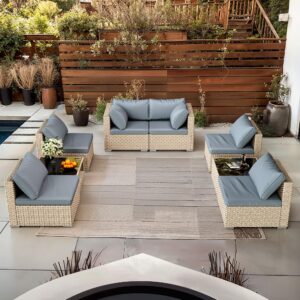 8-piece wicker patio furniture set, outdoor conversation set sectional sofa with water resistant thick cushions and coffee table, grey