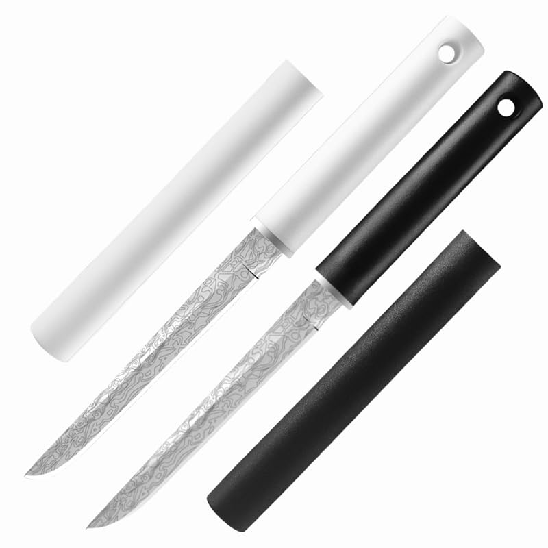 2 Pcs Fruit Knife with Sheath,Fixed Blade Knife with Sheath, Sharp Paring Knife for Home Using, Outdoor Camping, Fishing, Hunting, Black and White