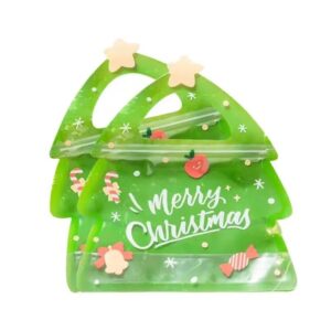 esuohym christmas treat bags for kids clear tree shaped ziplock reusable goodie bag xmas sealable bags with handle for candy, cookie, snack, party supplies 10 pcs