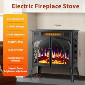 ZAFRO 24-inch Electric Fireplace Heater, 5100 BTU Freestanding Portable Electric Fireplace Stove with Remote Control & Timer, Adjustable Flame Color, 500W/1500W, Black