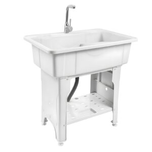 freestanding plastic laundry sink with washboard, indoor and outdoor utility sink with cold and hot water faucet, hoses and drain kit,fashionable sink for laundry room, garage, basement (large)