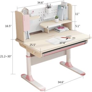 FCD Kids Desk and Chair, Adjustable Height Drafting Table Computer Station with Bult-in Bookshelf, Pull-Out Drawer, Tablet Holder and Tiltable Desktop (Desk and Chair Set, Pink)