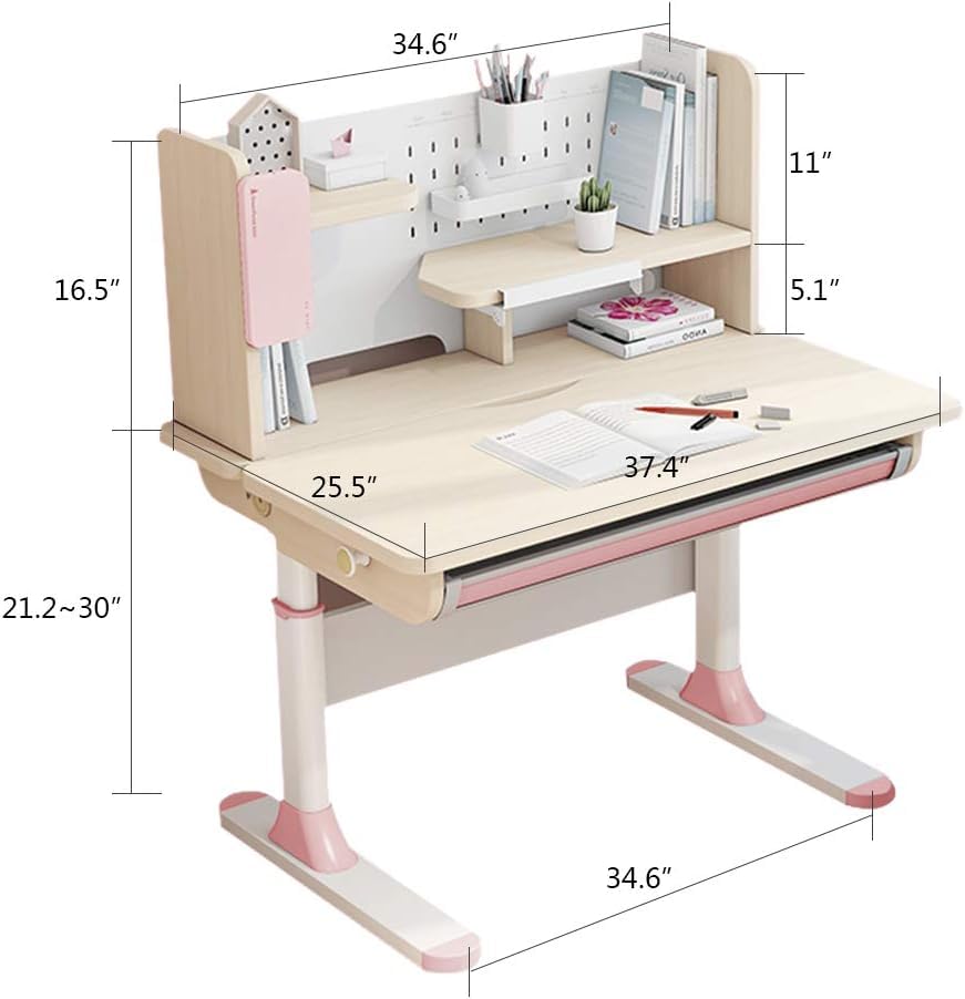 FCD Kids Desk and Chair, Adjustable Height Drafting Table Computer Station with Bult-in Bookshelf, Pull-Out Drawer, Tablet Holder and Tiltable Desktop (Desk and Chair Set, Pink)