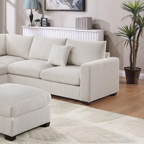 FANYE L-Shaped Sectional Sofa Couch Comfy Corduroy Upholstered Symmetrical Sofa&Couch Include Loveseats*2,Corner Wedge and Movable Ottoman for Living Room,Ivory White