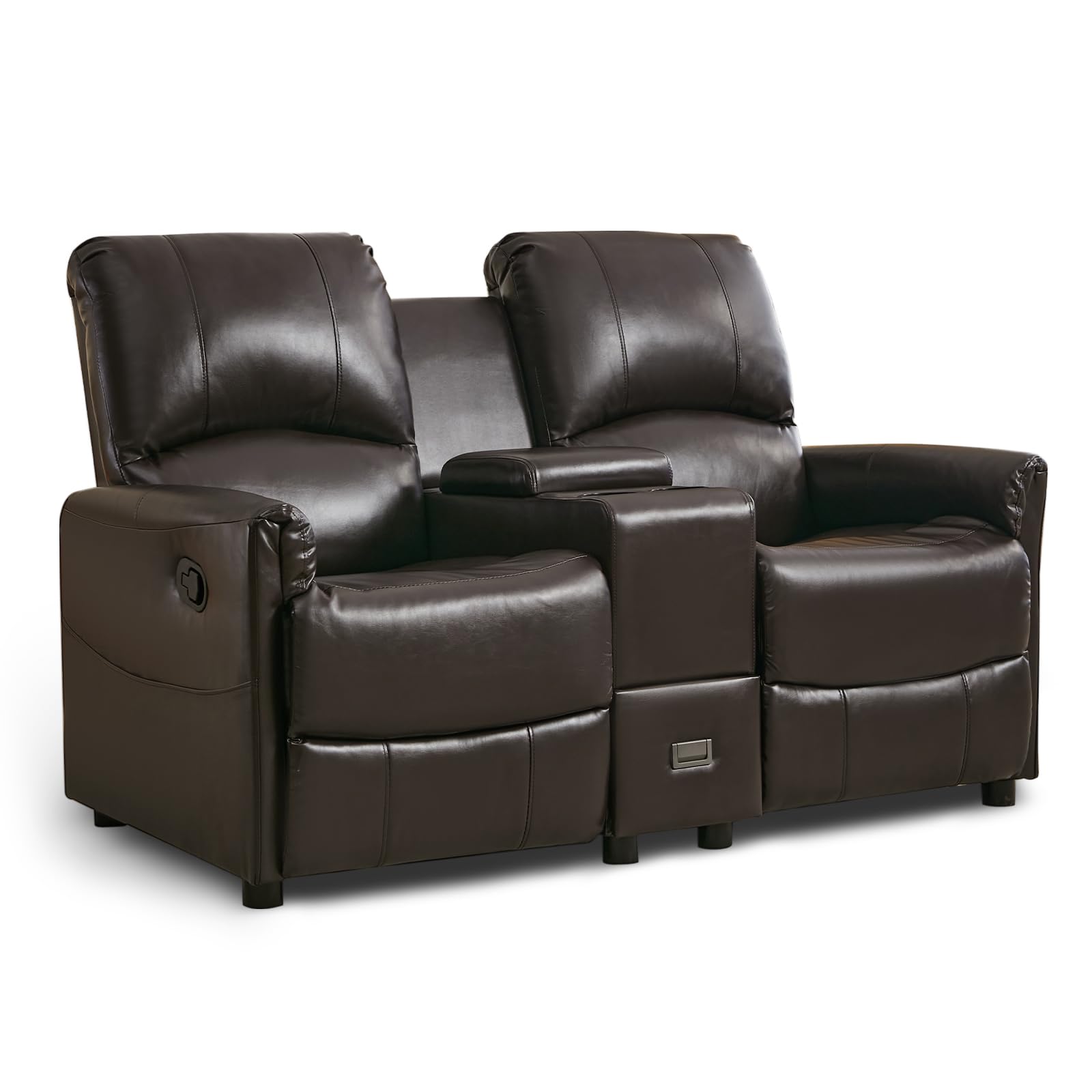 IPKIG Loveseat Recliner Sofa - RV Loveseat Recliner Wall Hugger Manual Reclining Loveseat with Console, Side Pockets and Cup Holders, Faux Leather Double Recliner Love Seat for Living Room (Brown)