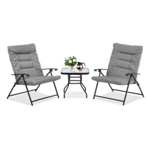 Brightpeak 3 Pcs Patio Folding Bistro Set, Outdoor Metal Adjustable Recliner Furniture Set, 2 Foldable Padded Chairs and Coffee Bistro Table Set for Balcony, Backyard, Porch (Grey)