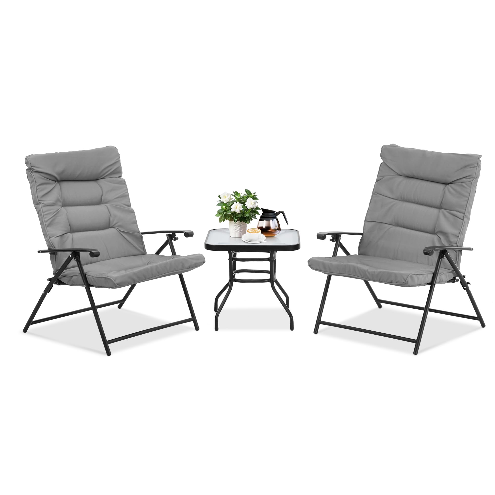 Brightpeak 3 Pcs Patio Folding Bistro Set, Outdoor Metal Adjustable Recliner Furniture Set, 2 Foldable Padded Chairs and Coffee Bistro Table Set for Balcony, Backyard, Porch (Grey)