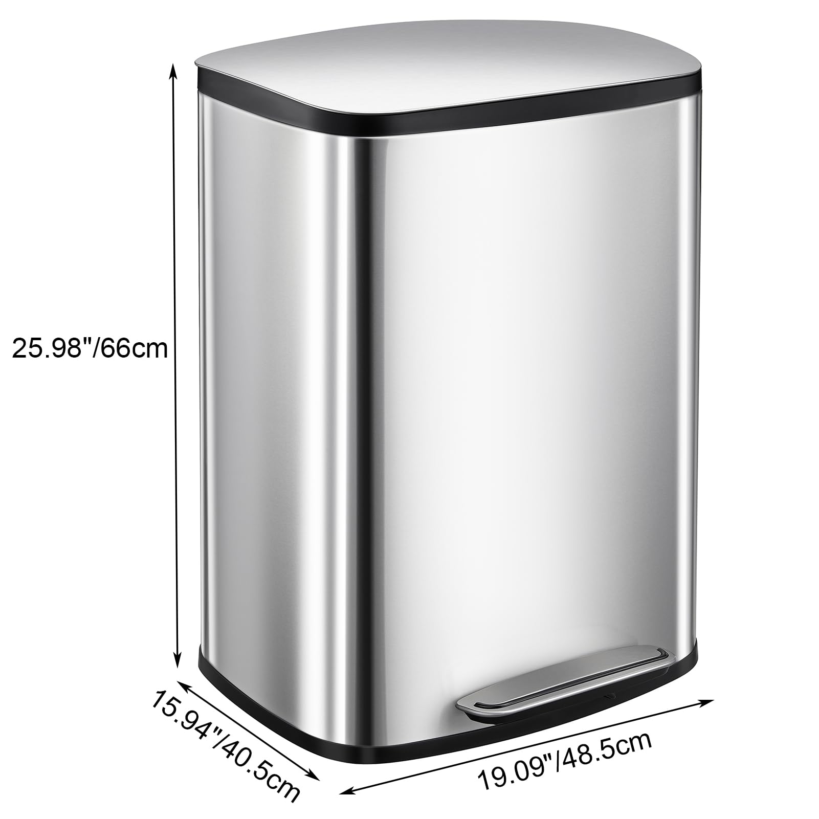 GarveeHome 50L/13Gal Heavy Duty Hands-Free Stainless Steel Kitchen Trash Can, Commercial Rectangular Kitchen Waste Bin, with Soft Close Lid & Inner Liner, Fingerprint-Resistant