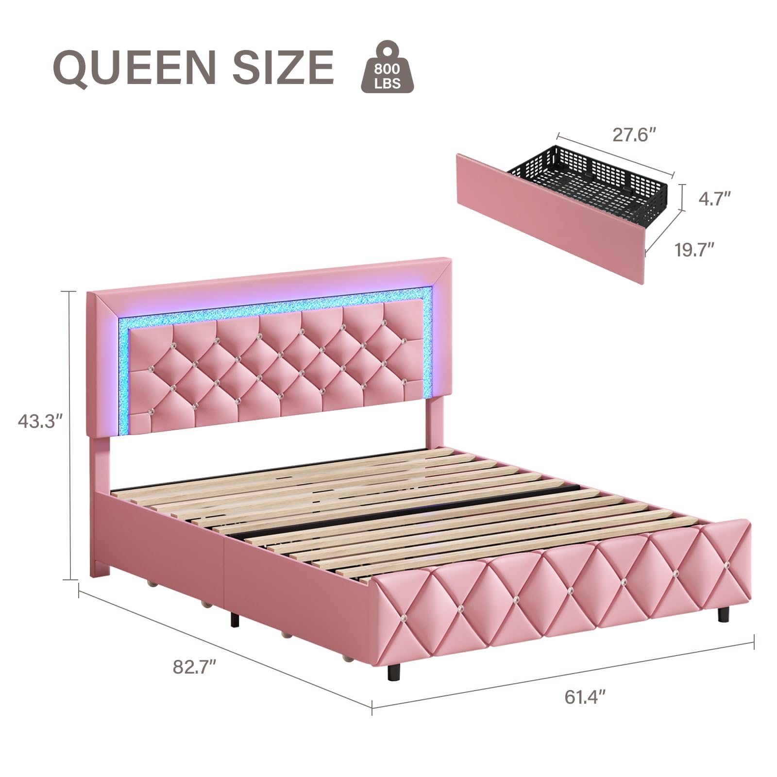 Queen Size Bed Frame with LED Lights, Upholstered Platform Bed with Storage Drawers, Princess Bed with Diamond Headboard and Footboard, No Box Spring Needed, Easy Assembly, Pink