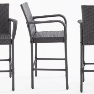 Outdoor Bar Stools Set of 2, 2-Piece Patio Bar Stools with Armrests, All Weather Rattan Bar Chairs with Backrest, Wicker Bar Stools for Backyard, Garden, Pool, Balcony and Deck, Dark Grey