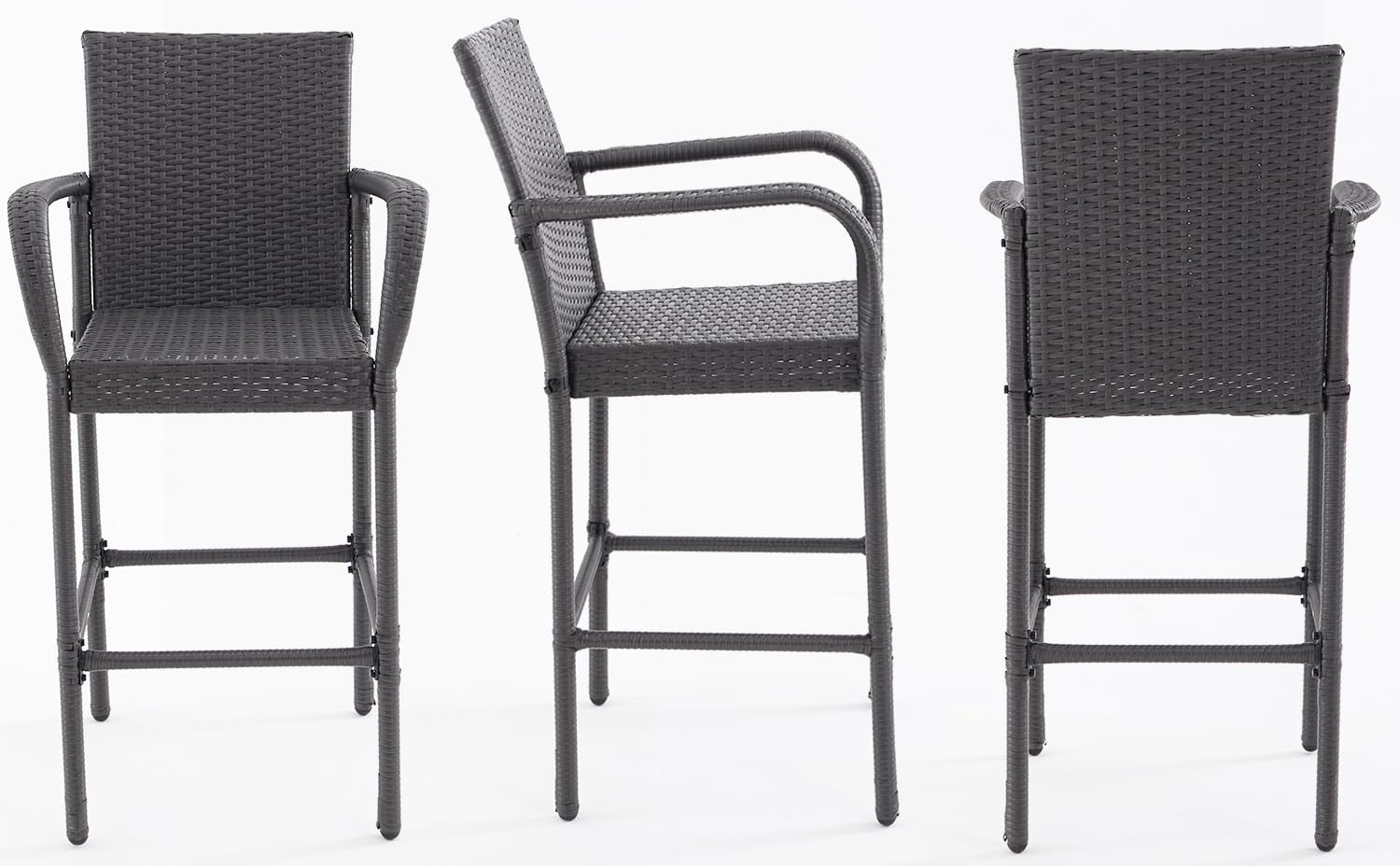 Outdoor Bar Stools Set of 2, 2-Piece Patio Bar Stools with Armrests, All Weather Rattan Bar Chairs with Backrest, Wicker Bar Stools for Backyard, Garden, Pool, Balcony and Deck, Dark Grey