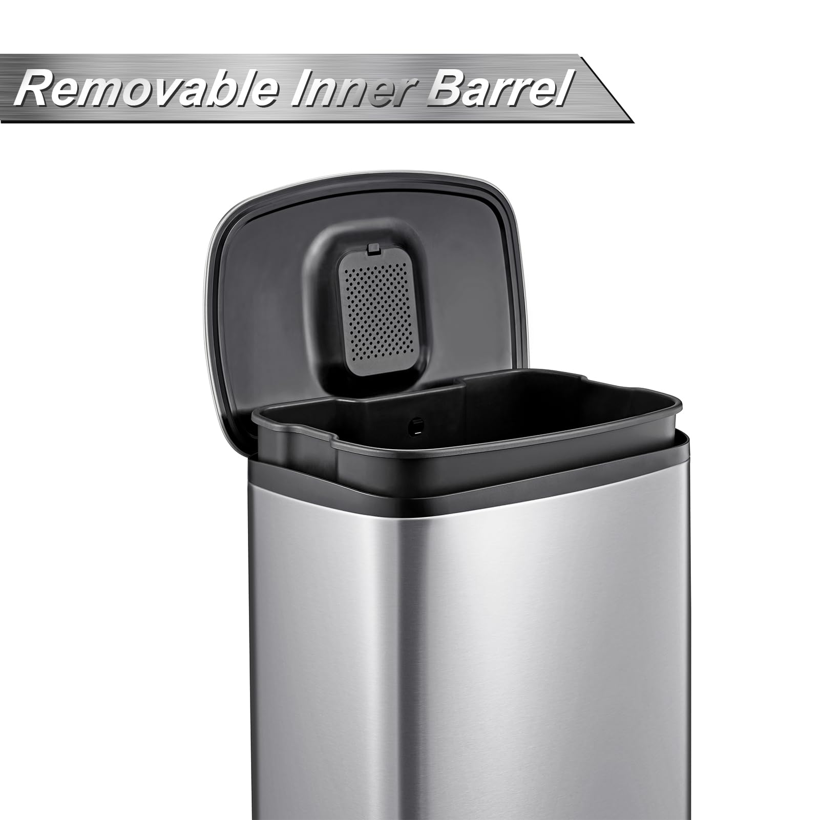 GarveeHome 50L/13Gal Heavy Duty Hands-Free Stainless Steel Kitchen Trash Can, Commercial Rectangular Kitchen Waste Bin, with Soft Close Lid & Inner Liner, Fingerprint-Resistant