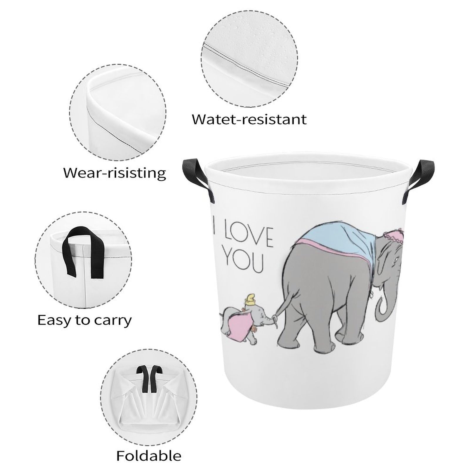 Dumbo Following His Mom Laundry Basket Large Round Canvas Laundry Hamper with Handles Foldable Storage Bin for Dirty Clothes Hamper Bedroom Bathroom