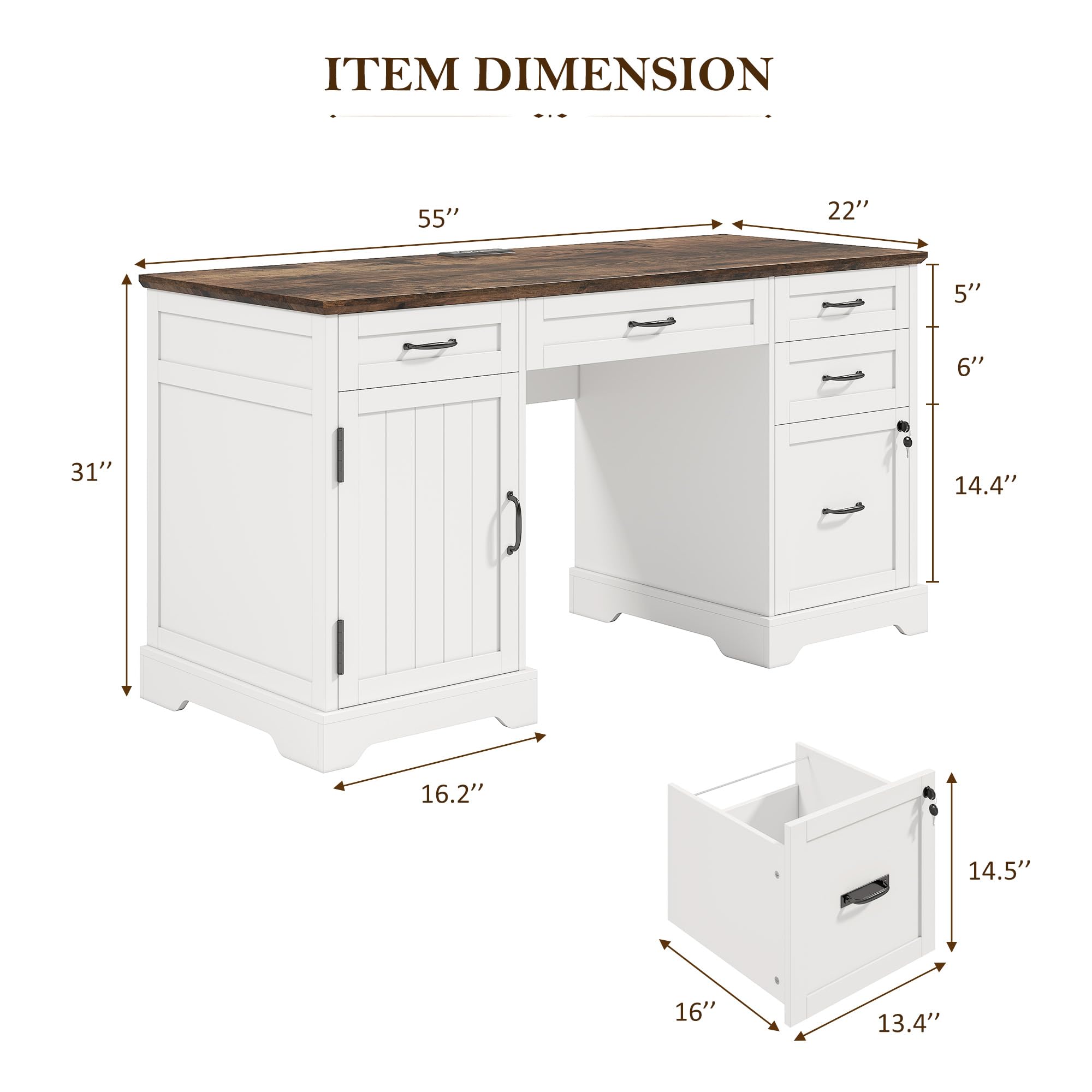 Alohappy 55'' Farmhouse Executive Desk, Home Office Desk with Drawers, Wood Computert Desk with File Cabinet and Power Outlets, White