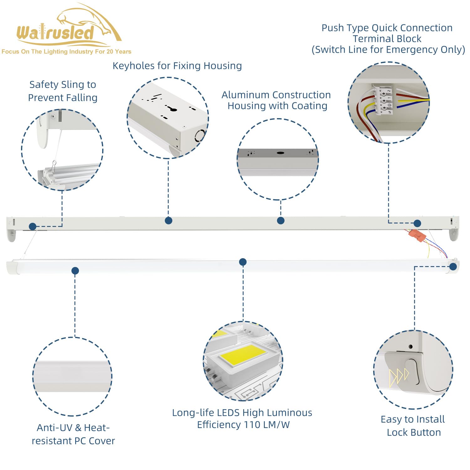 4FT LED Linear Strip Stairwell Light Fixture, 80W, 8800lm, 3000K/4000K/5000K, IP20, SCR Dimmable 4 Foot Commercial Grade Indoor LED Shop Ceiling Light Fixture for Workbench Workshop Warehouse, FCC