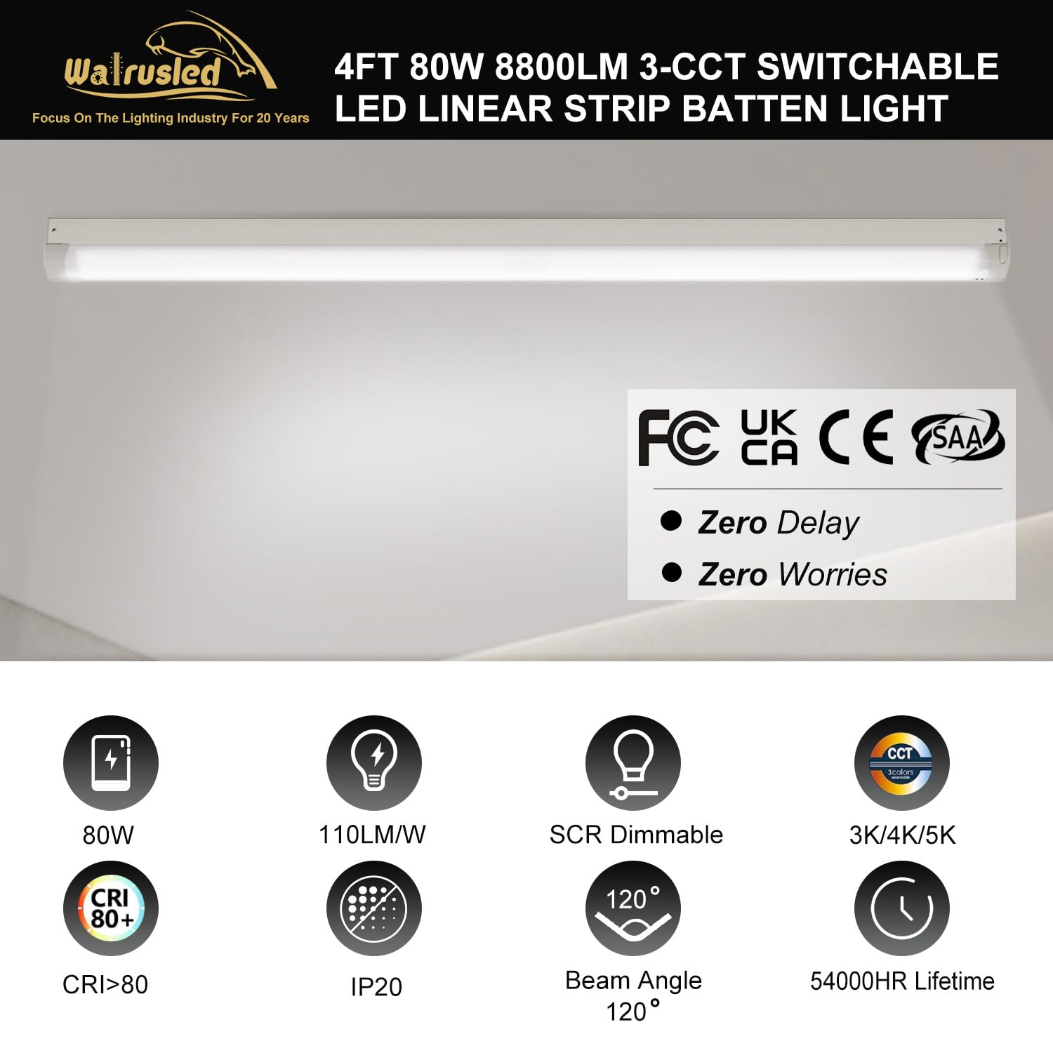 4FT LED Linear Strip Stairwell Light Fixture, 80W, 8800lm, 3000K/4000K/5000K, IP20, SCR Dimmable 4 Foot Commercial Grade Indoor LED Shop Ceiling Light Fixture for Workbench Workshop Warehouse, FCC