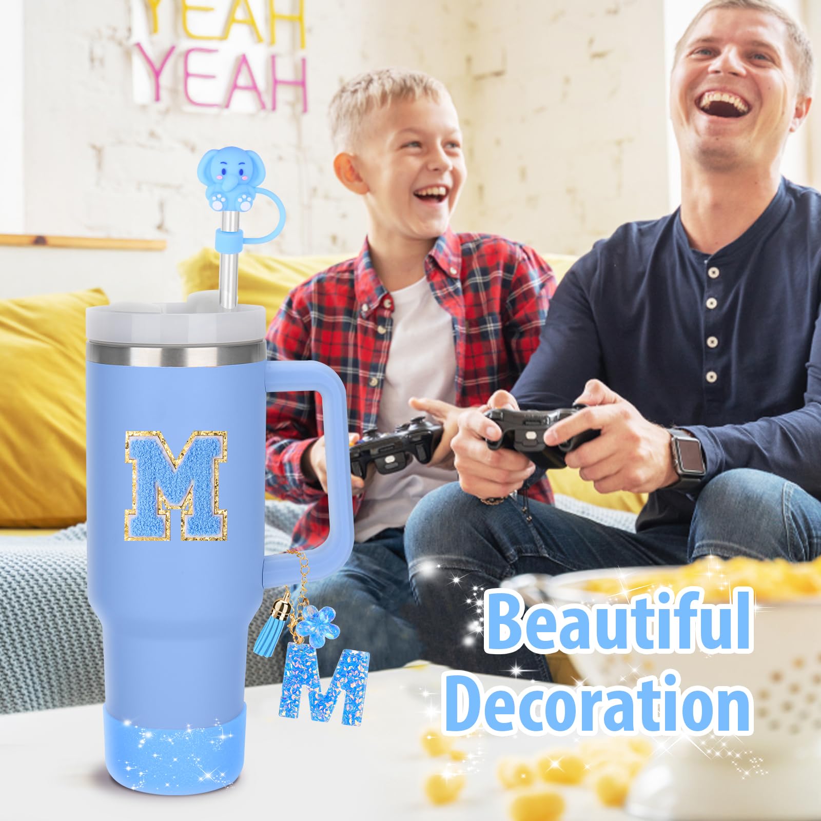 Mity rain Cup Accessories Set for stanley 30 oz 40 oz tumbler with handle, Including Initials Charms, Straw Cover Cap, Boot, Sticker, Silicone Spill Proof Stopper,Blue Decorate for Boy Girl (Letter M)