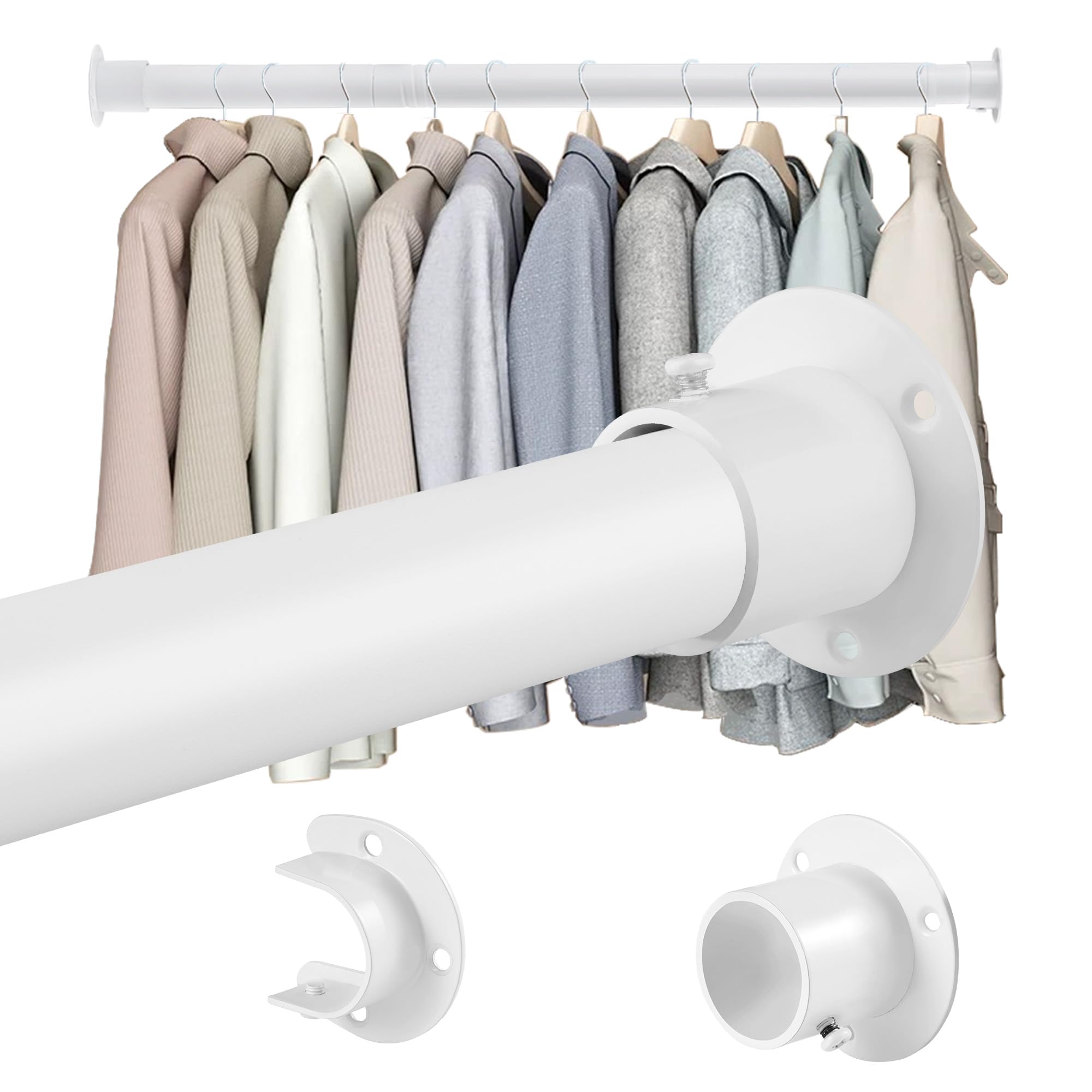 Closet Rods for Hanging Clothes, 1.3 Inch Diameter Heavy Duty Closet Rod 17-87 Inches Adjustable Clothes Hanging Rod White Closet Poles for Wardrobes, Bathroom, Windows