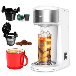 hrelec 2 in 1 k cup coffee maker, iced single serve coffee maker for capsule and ground coffee, pod coffee maker one cup small coffee machine with self-cleaning function, 8-14 oz brew size