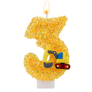 construction birthday candles, glitter number candles for cake decorations yellow sequined truck themed cupcake topper for boys birthday party supplies (number 3)