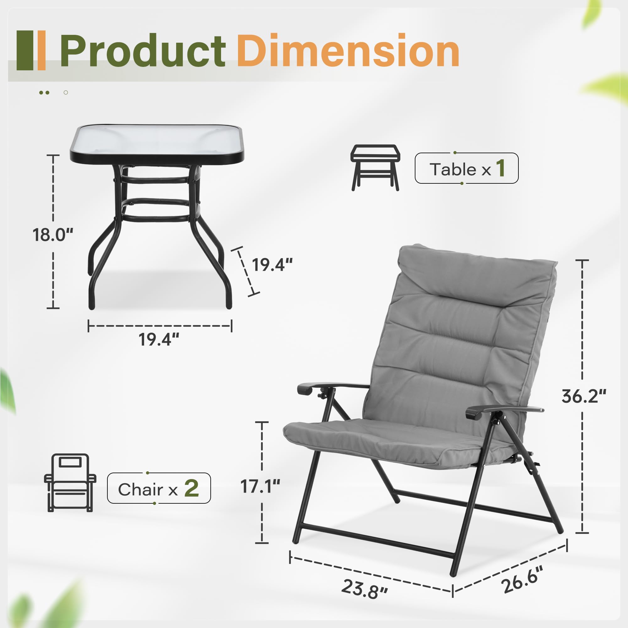 Brightpeak 3 Pcs Patio Folding Bistro Set, Outdoor Metal Adjustable Recliner Furniture Set, 2 Foldable Padded Chairs and Coffee Bistro Table Set for Balcony, Backyard, Porch (Grey)