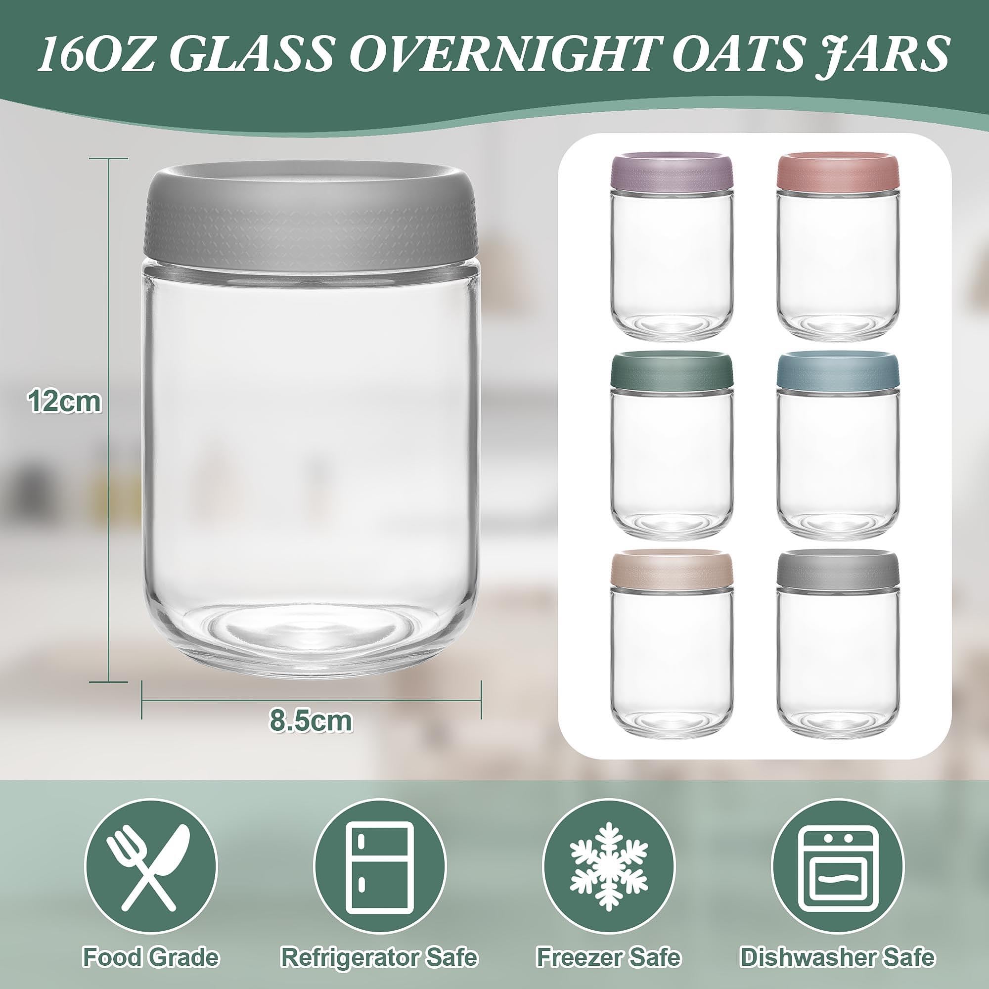 Xileanalee Overnight Oats Containers with Lids 6 Pack-16 Oz Mason Jar with Lids-Overnight Oats Jars Glass Food Storage Containers for Chia Seed Pudding Salad Cereal Coffee Spices