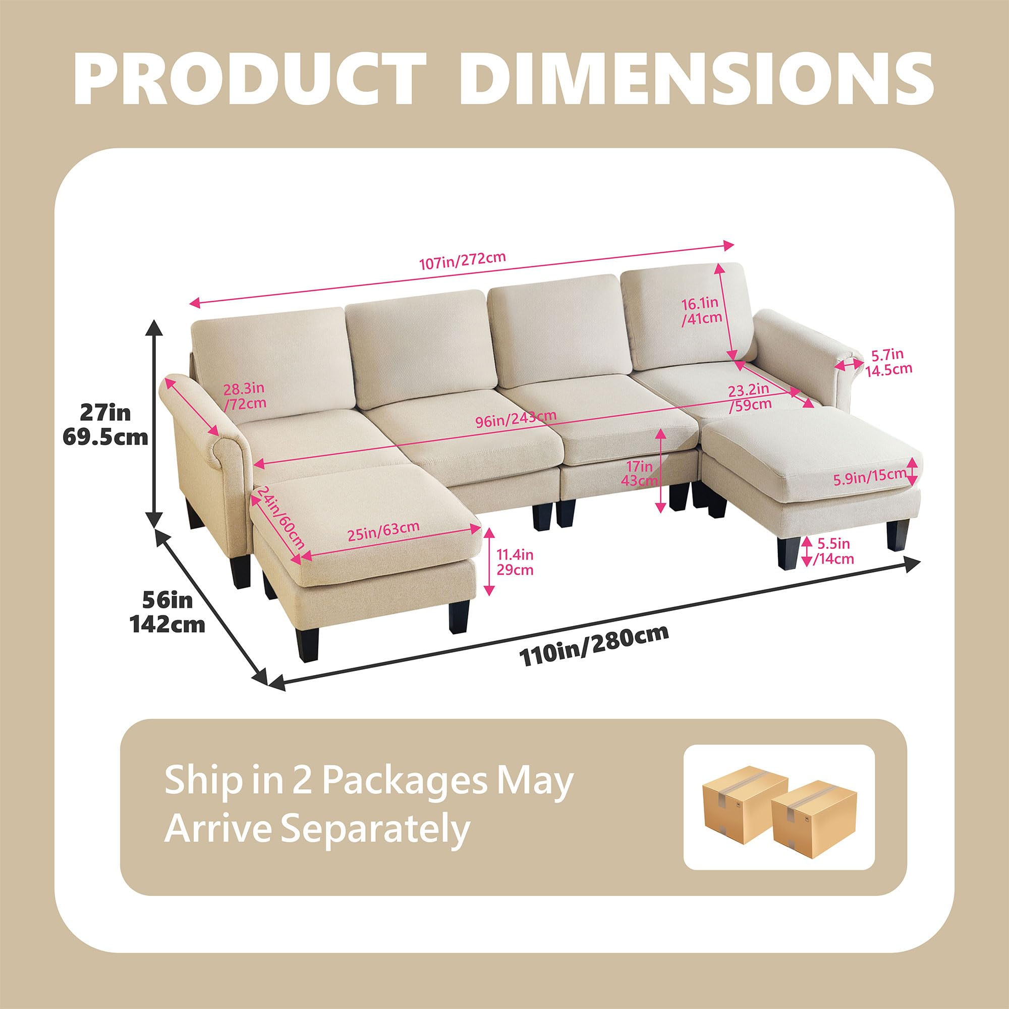 Redlife 110" Modular Sectional Sofa, Sectional Couches for Living Room, U Shaped Sectional Couch Convertible Sectional Sofa with Double Chaise, Comfy U Shaped Sectional Sofa for Living Room (Beige)