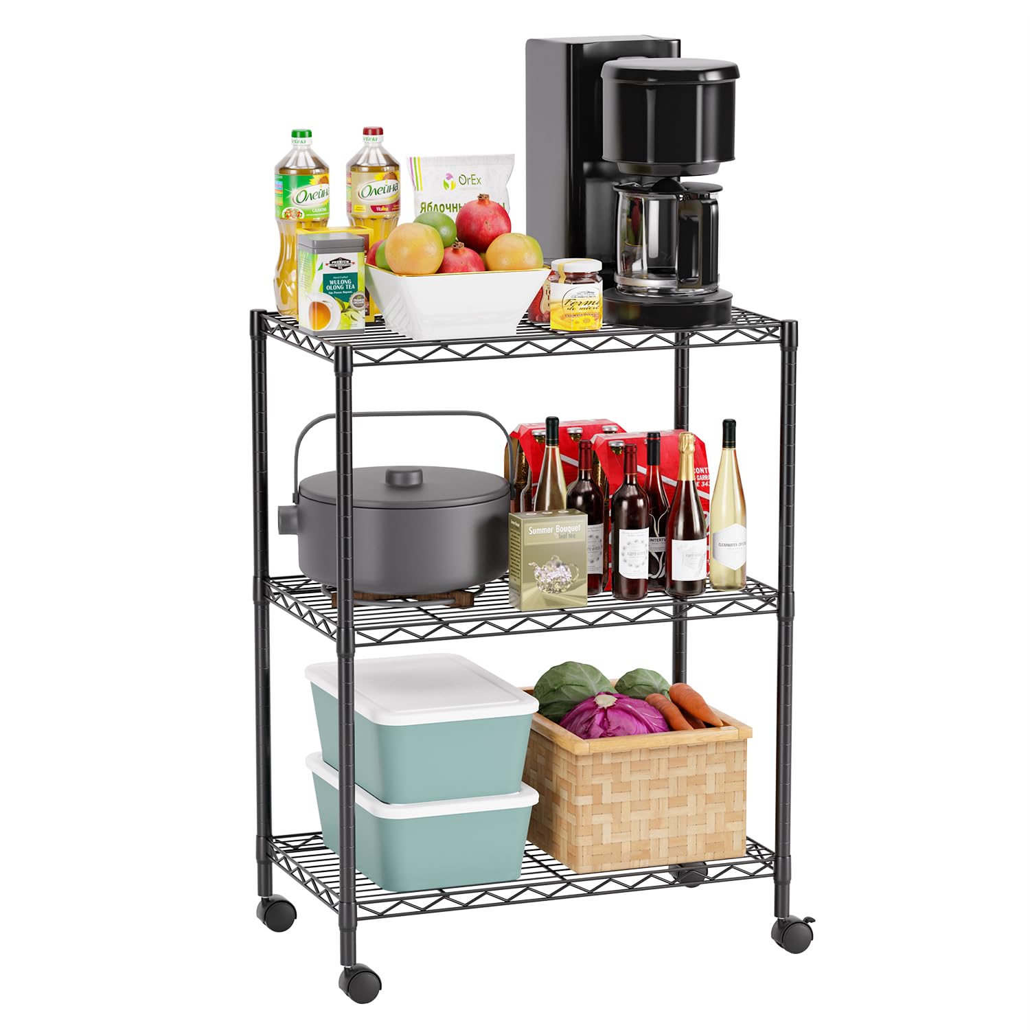 FDW 3-Shelf Adjustable,Storage Shelves Wire Shelving Shelving Unit Metal Shelves Storage Shelf with Wheels,13" D x 23" W x 31" H,Black