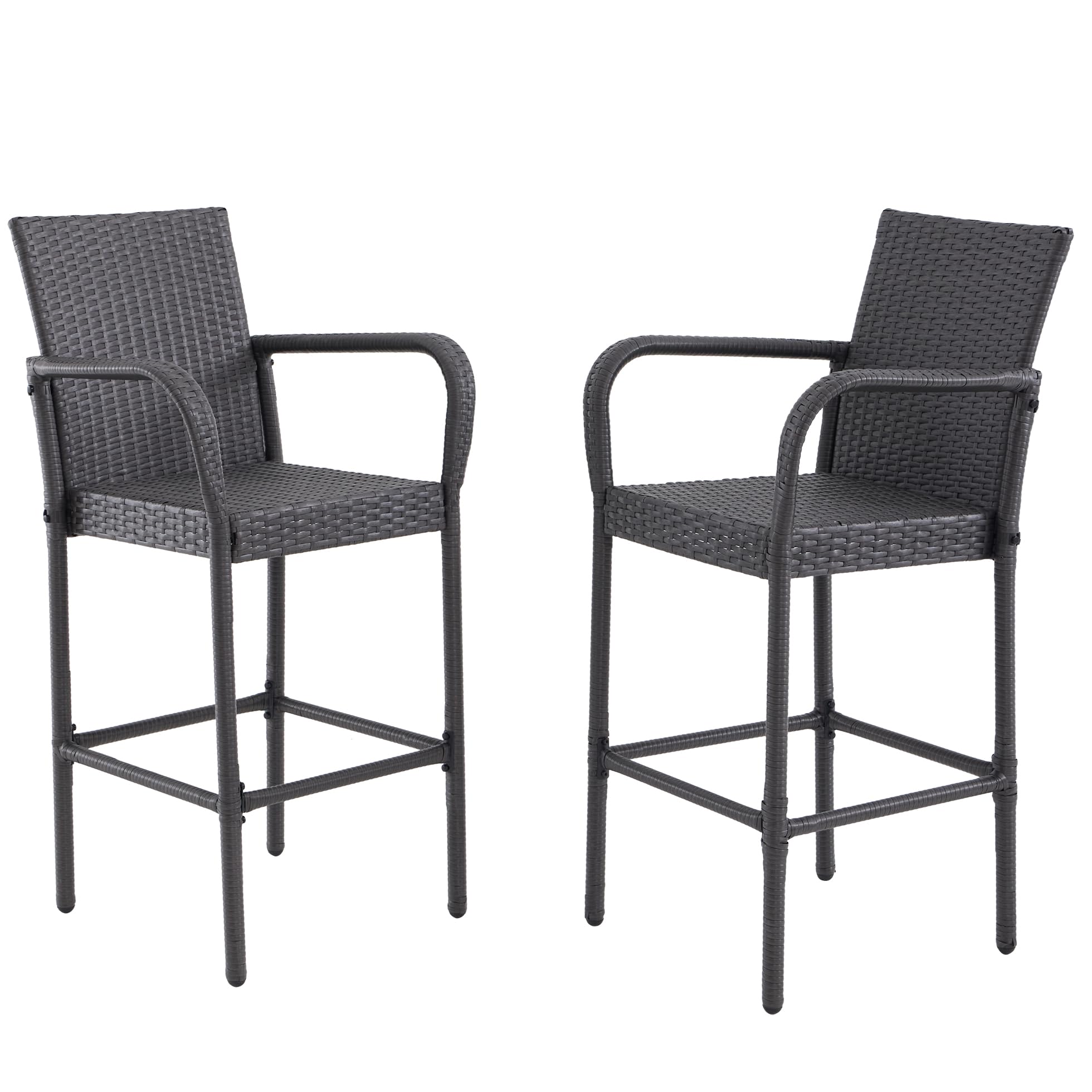 Outdoor Bar Stools Set of 2, 2-Piece Patio Bar Stools with Armrests, All Weather Rattan Bar Chairs with Backrest, Wicker Bar Stools for Backyard, Garden, Pool, Balcony and Deck, Dark Grey