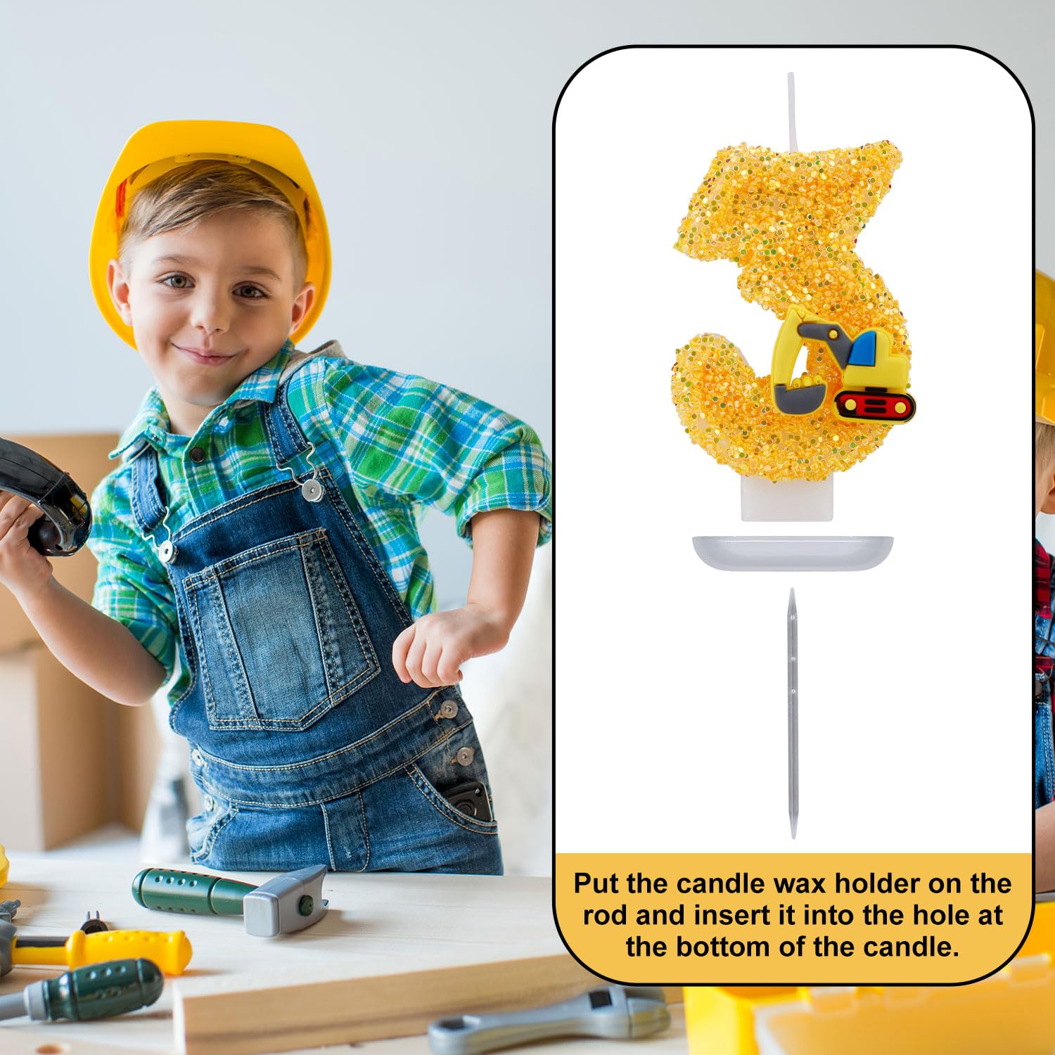 Construction Birthday Candles, Glitter Number Candles for Cake Decorations Yellow Sequined Truck Themed Cupcake Topper for Boys Birthday Party Supplies (Number 3)