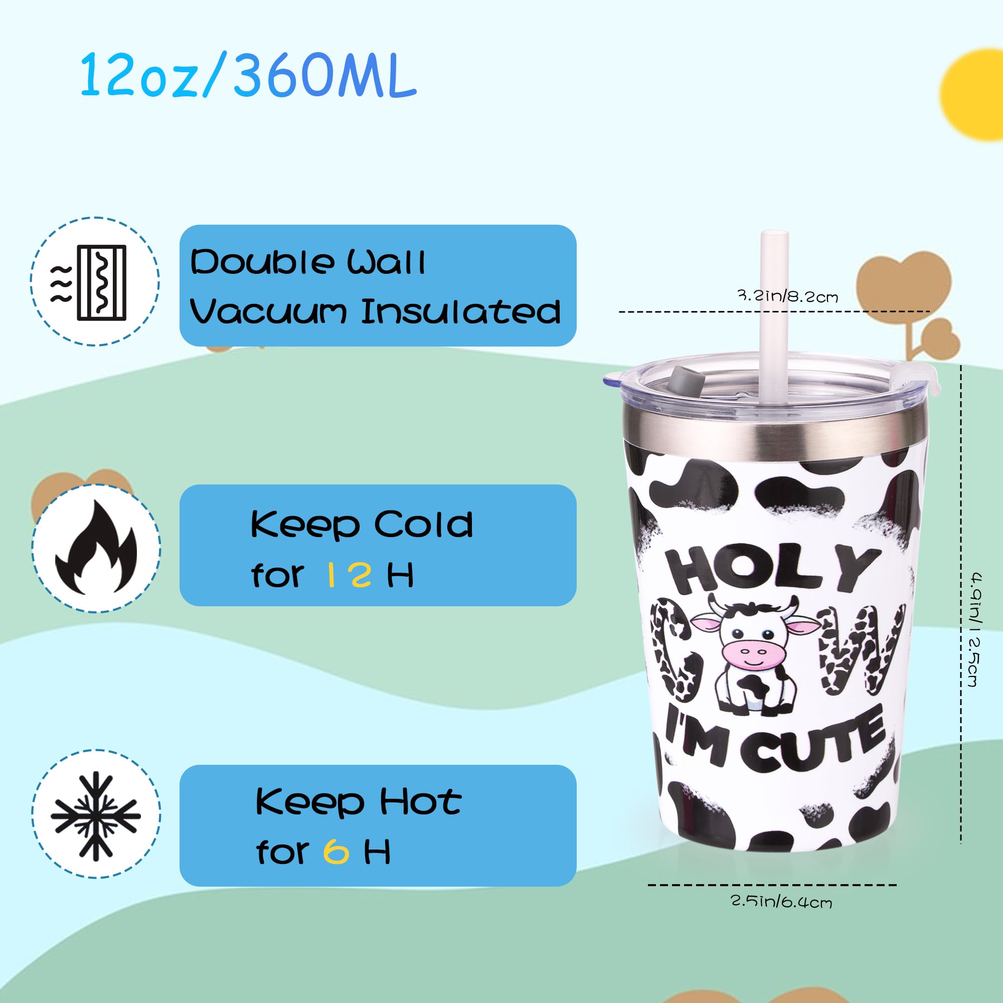 Cow Tumbler for Kids, 12 oz Cute Insulated Tumbler with Lid and Straw, Double Wall Stainless Steel, Toddler Sippy Cup For Boys & Girls Travel & Home, White