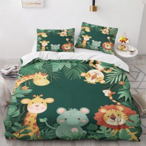 aopglyvyr jungle zoo duvet cover twin size, cartoon animal comforter cover, cute bedding set, breathable duvet cover with zipper closure, 3 pieces with 1 duvet cover and 2 pillowcase