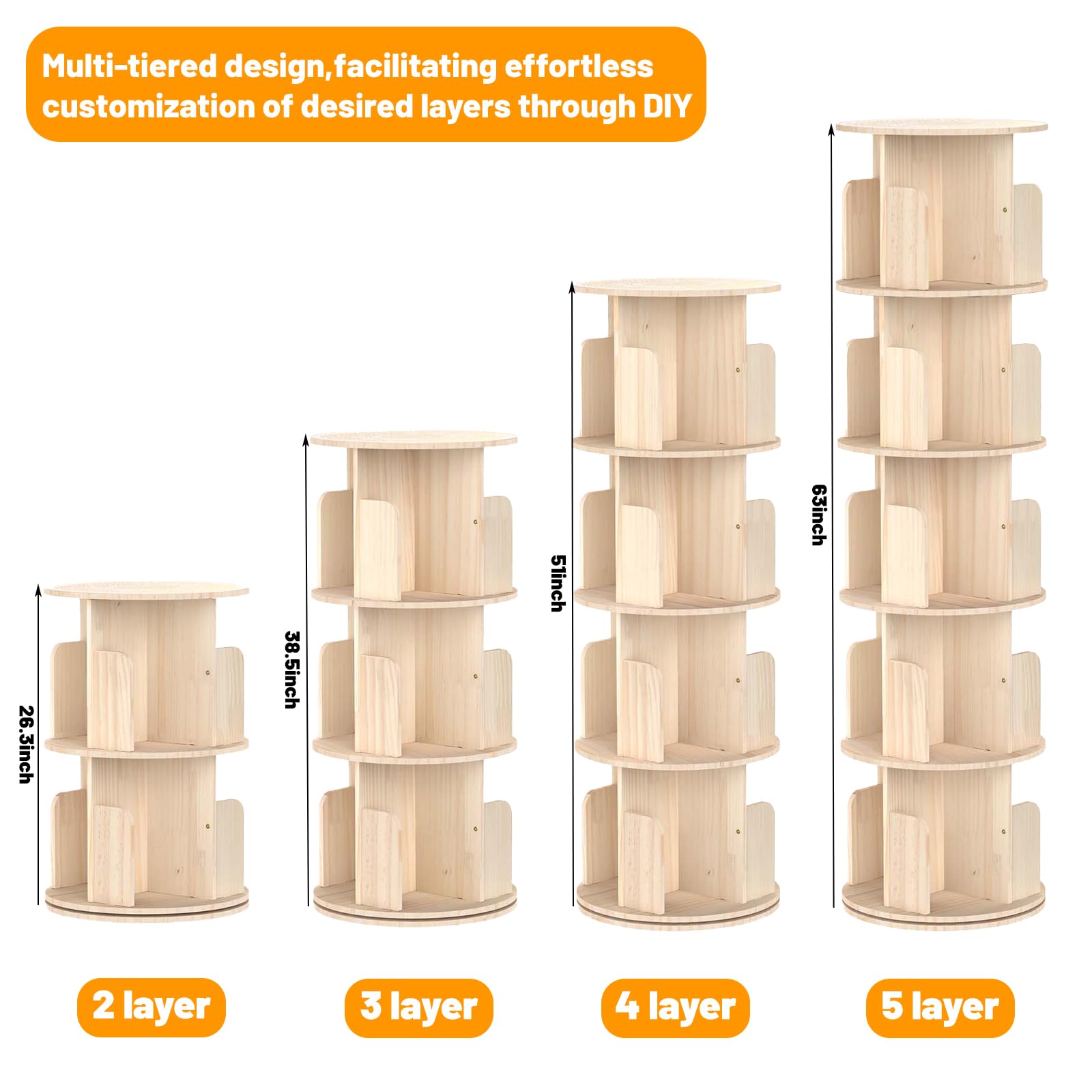 Cuguords Rotating Bookshelf Tower,Corner Bookshelf for Small Space, 360 Display 5-Tier Wood Bookcase Storage Rack, Kids&Adults Spinning Book Shelf,Revolving Bookcase for Bedroom, Living Room