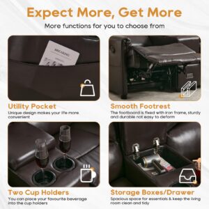 IPKIG Loveseat Recliner Sofa - RV Loveseat Recliner Wall Hugger Manual Reclining Loveseat with Console, Side Pockets and Cup Holders, Faux Leather Double Recliner Love Seat for Living Room (Brown)