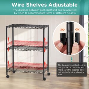 FDW 3-Shelf Adjustable,Storage Shelves Wire Shelving Shelving Unit Metal Shelves Storage Shelf with Wheels,13" D x 23" W x 31" H,Black